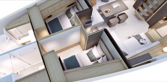 Contest 63 CS, a 63-foot sailboat with 3 double cabins forward